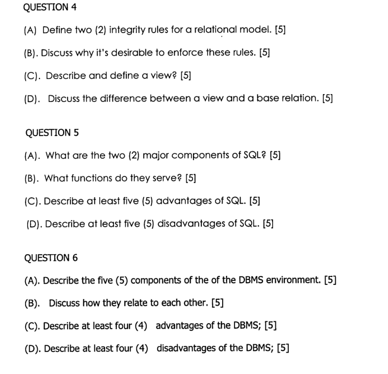 Solved (A) Define two (2) integrity rules for a relational | Chegg.com