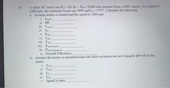 Solved A shunt DC motor has RA-12. RF + Radj-200Ω and | Chegg.com