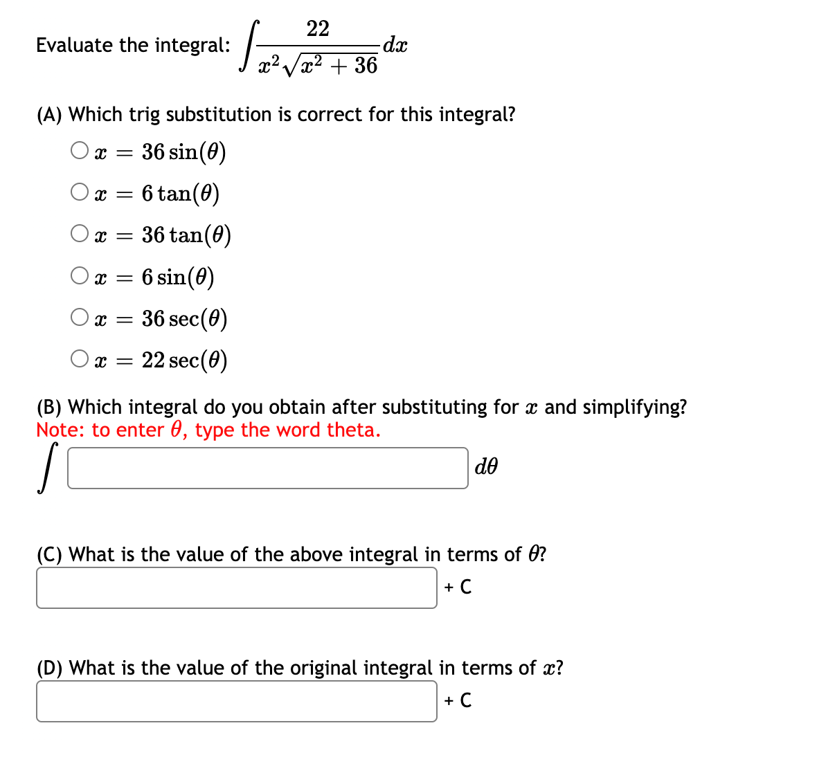 Evaluate the integral: ∫x2x2+3622dx (A) Which trig | Chegg.com