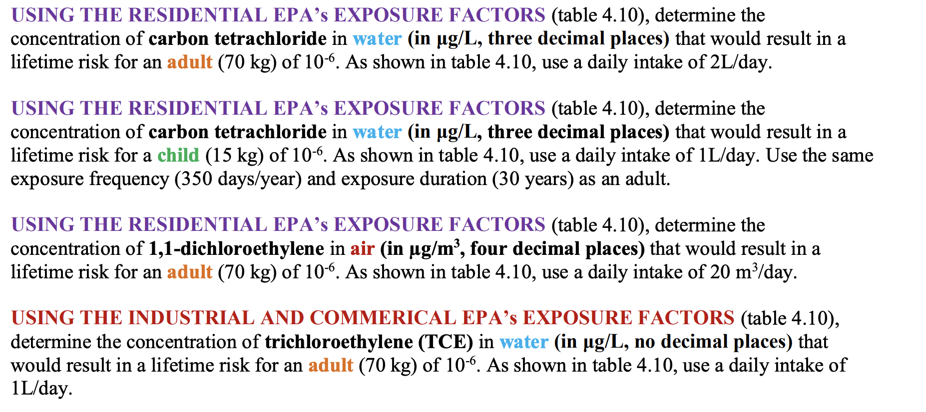 USING THE RESIDENTIAL EPA's EXPOSURE FACTORS (table | Chegg.com