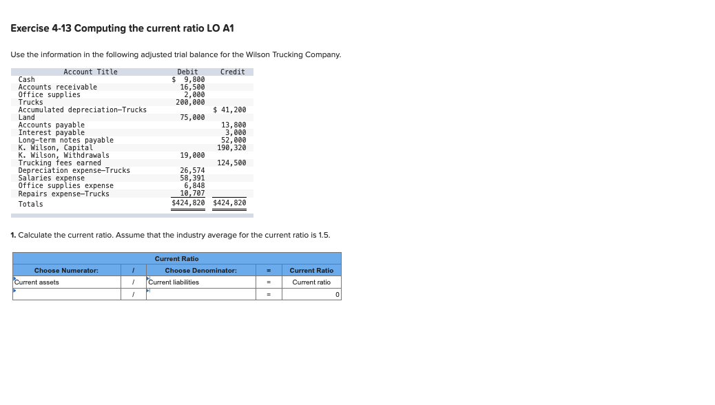 Solved Exercise 4-13 Computing the current ratio LO A1 Use | Chegg.com