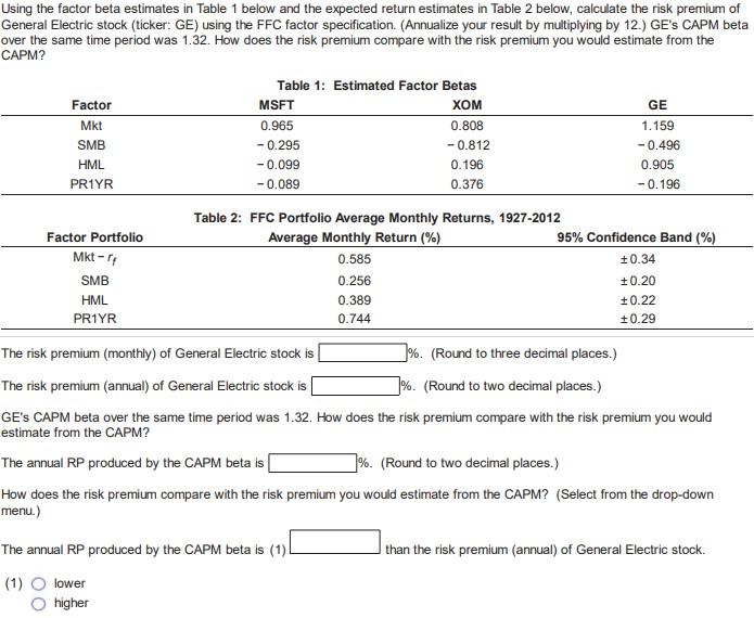 Using the factor beta estimates in Table 1 below and | Chegg.com