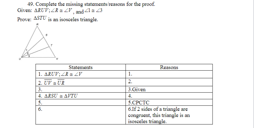 Solved 49. Complete the missing statements/reasons for the | Chegg.com