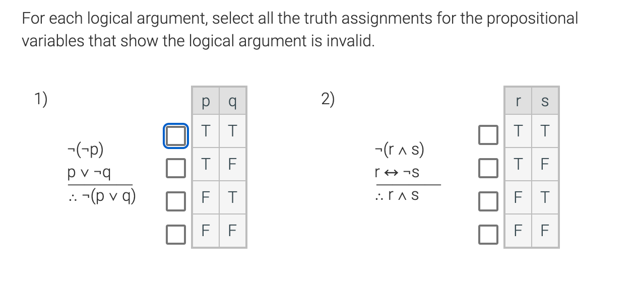 Solved For each logical argument, select all the truth | Chegg.com