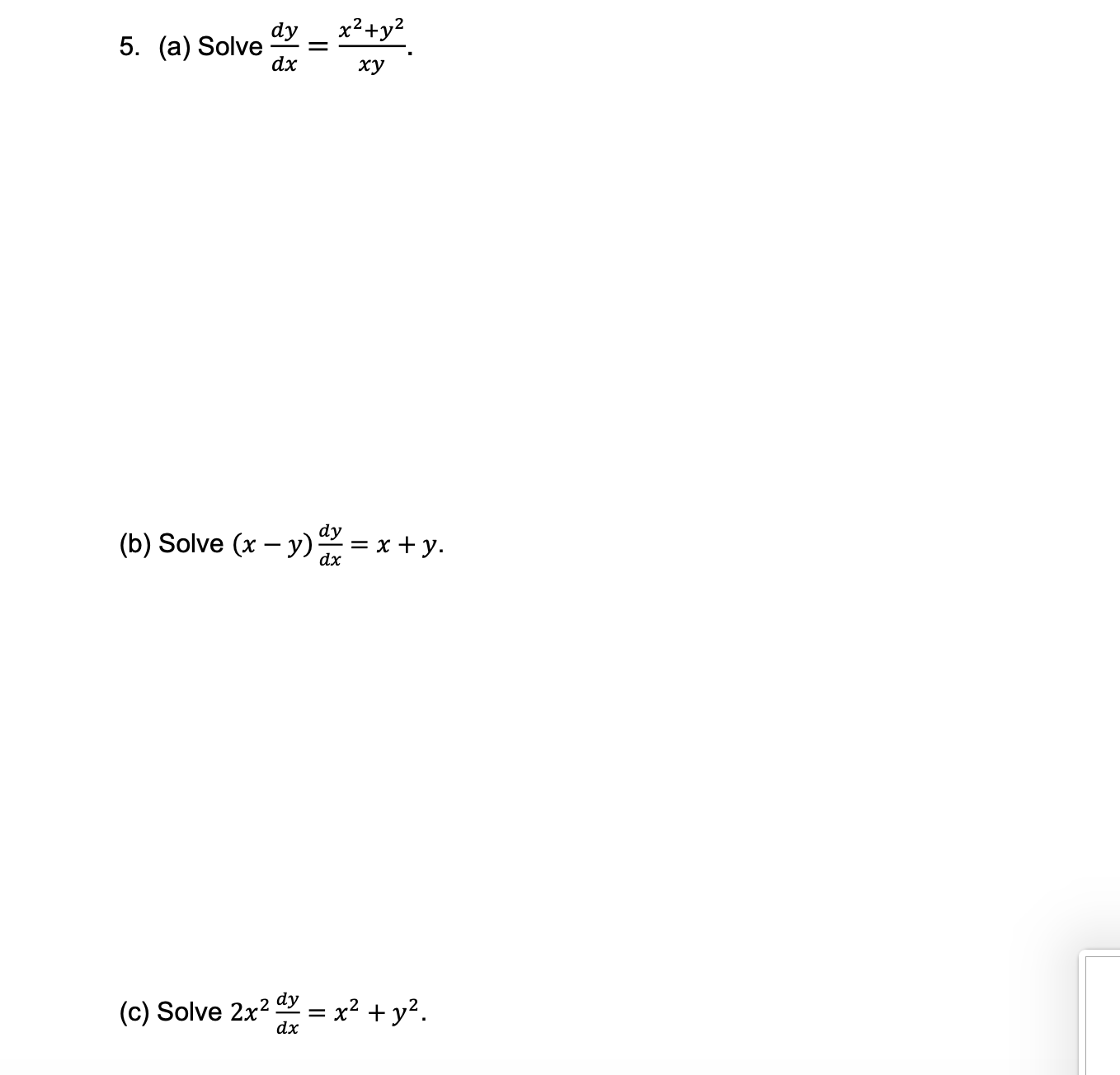 Solved (a) ﻿Solve dydx=x2+y2xy.(b) ﻿Solve (x-y)dydx=x+y.(c) | Chegg.com