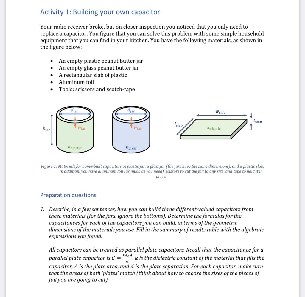 Solved Activity 1 : Building your own capacitor Your radio | Chegg.com