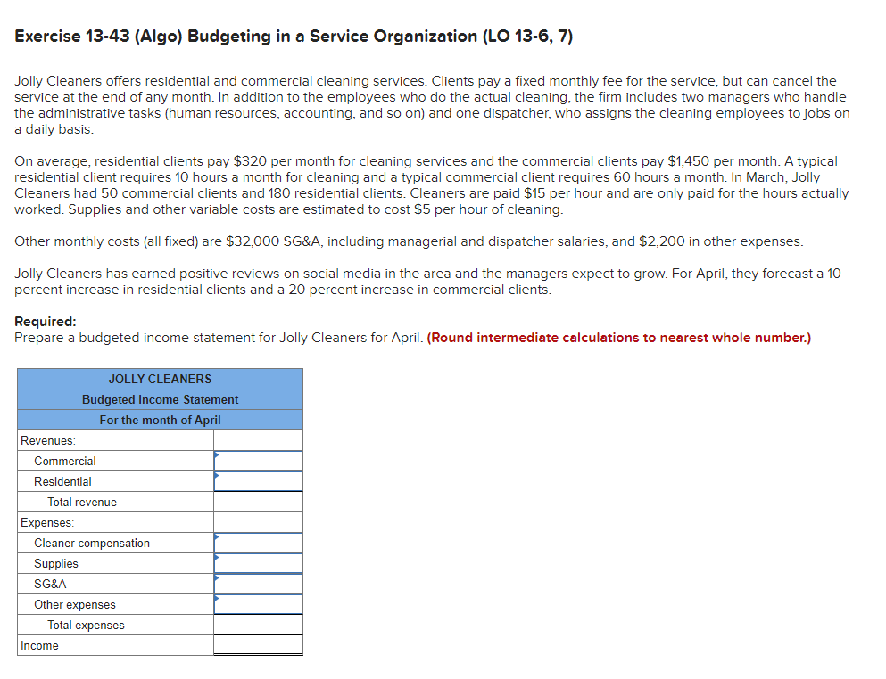 Solved Exercise 13-43 (Algo) Budgeting in a Service | Chegg.com