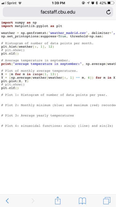Sprint 1:39 PM facstaff.cbu.edu import numpy as np | Chegg.com