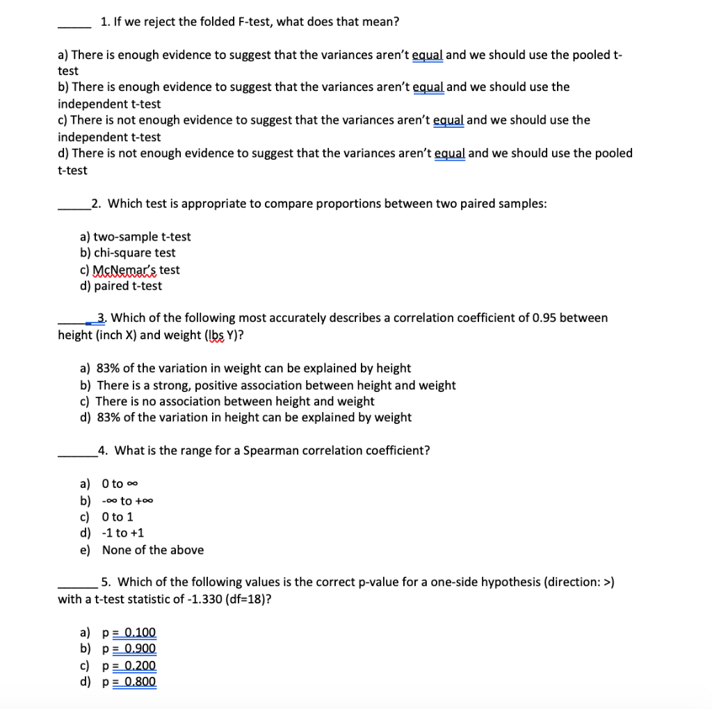 Solved 1. If we reject the folded F-test, what does that | Chegg.com