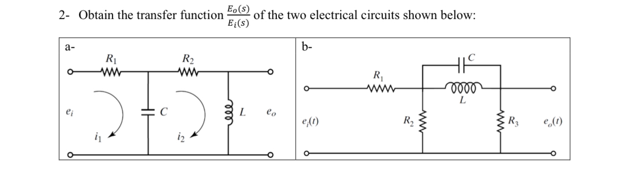 [Solved]: 2- Obtain the transfer function (E_(o)(s))/(E_(i)(