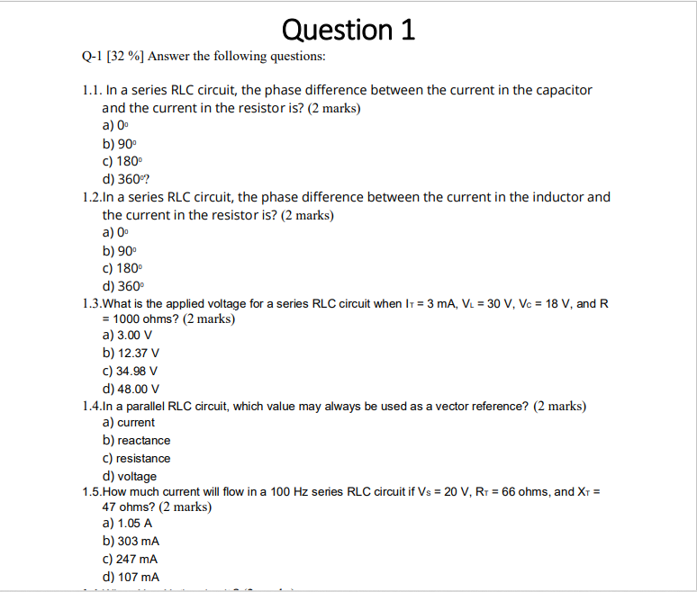 Solved 1.1. In a series RLC circuit, the phase difference | Chegg.com