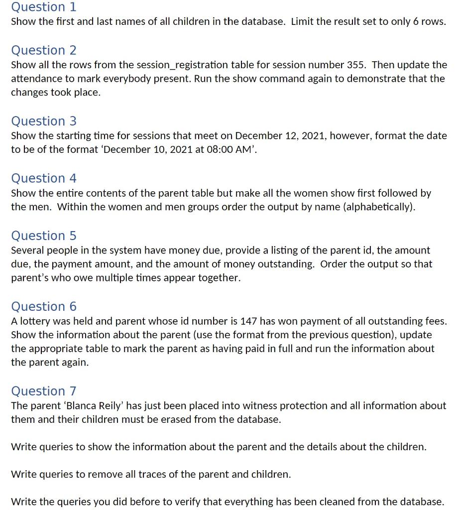 Solved Question 1 Show the first and last names of all | Chegg.com