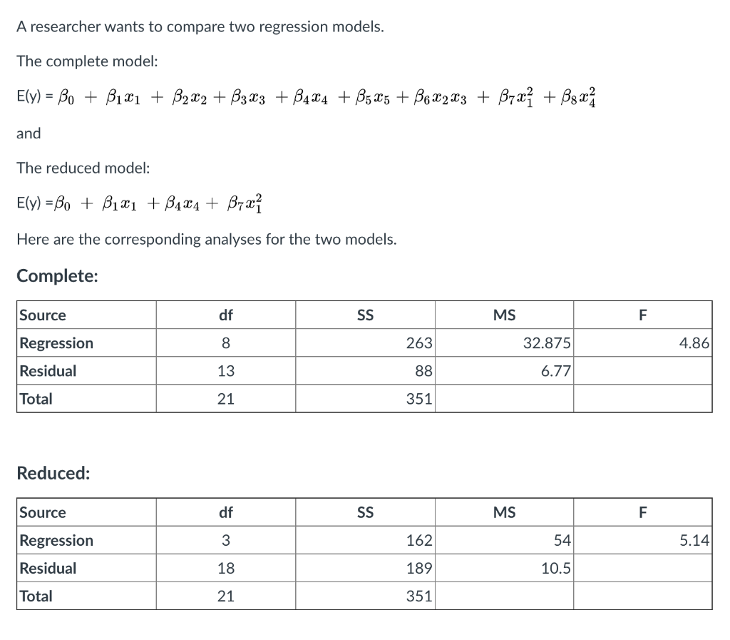 Solved A researcher wants to compare two regression models. | Chegg.com