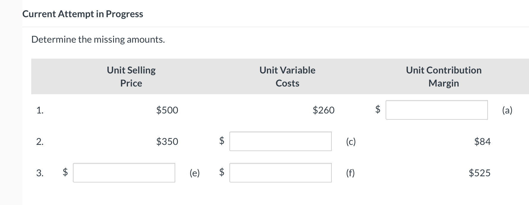 Solved Current Attempt in Progress Determine the missing | Chegg.com