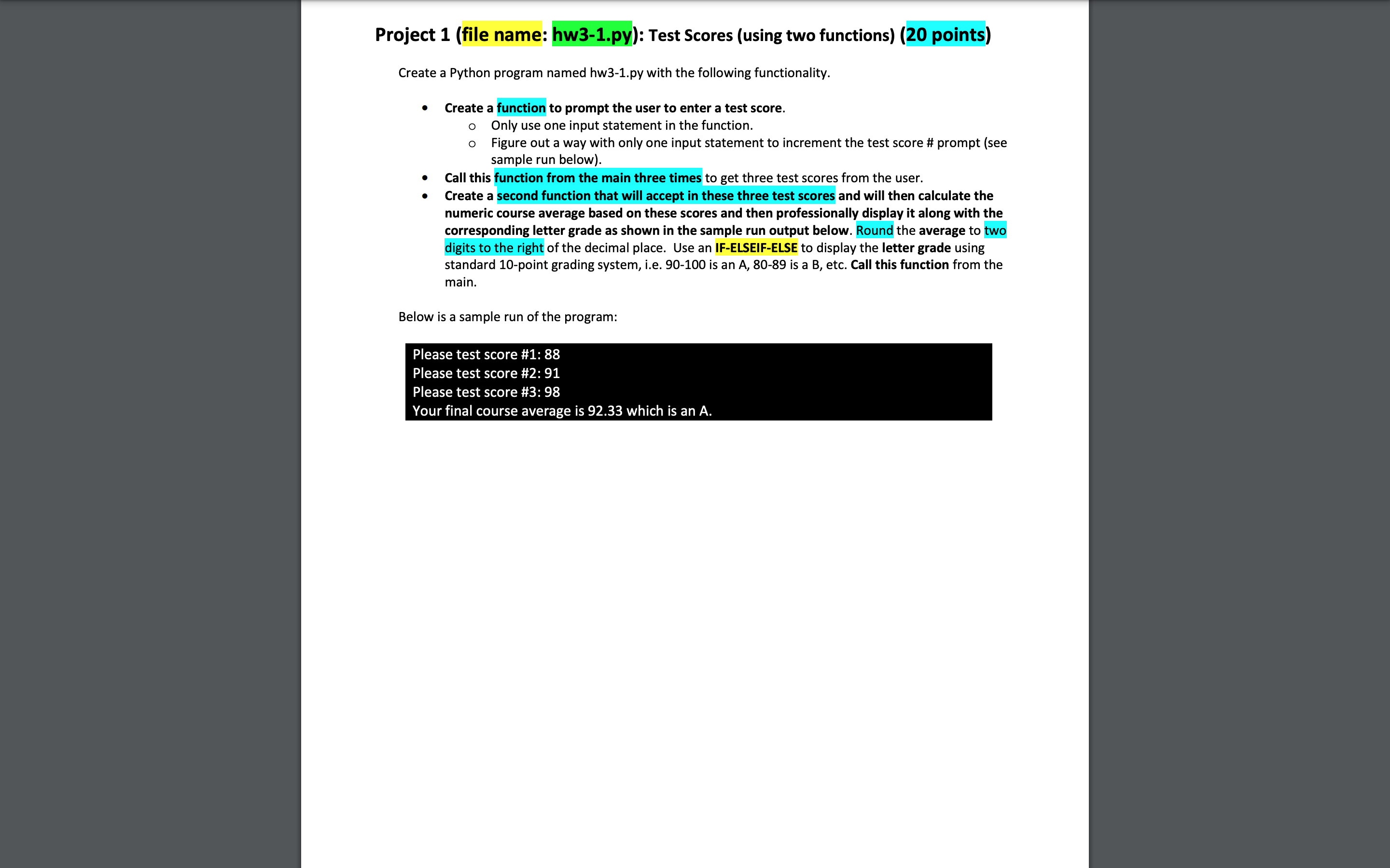 Solved Project 1 (file name: hw3-1.py): Test Scores (using | Chegg.com