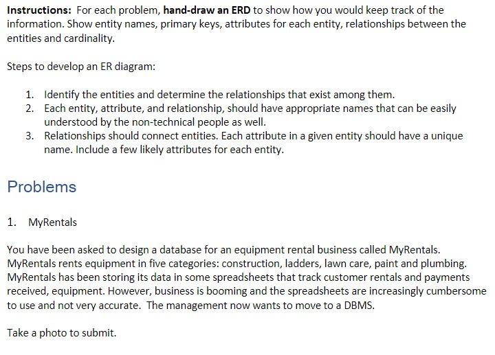 Solved Instructions: For each problem, hand-draw an ERD to | Chegg.com