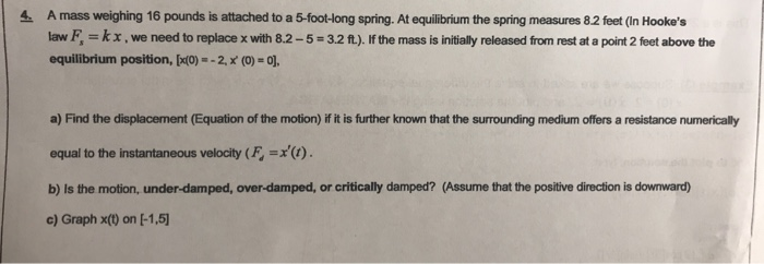 Solved A mass weighing 16 pounds is attached to a | Chegg.com