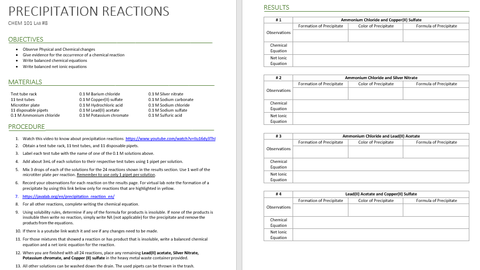 RESULTS PRECIPITATION REACTIONS CHEM 101 LAB #8 | Chegg.com