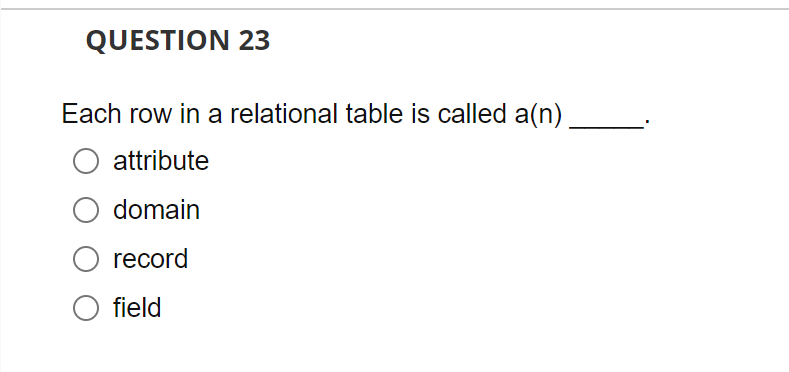 Solved Each row in a relational table is called a(n) | Chegg.com