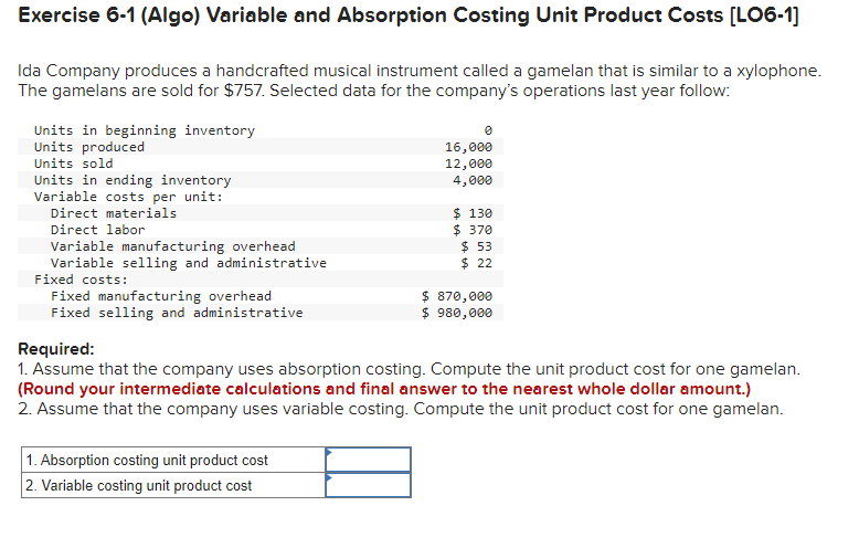 Solved Exercise 6-1 (Algo) Variable and Absorption Costing | Chegg.com