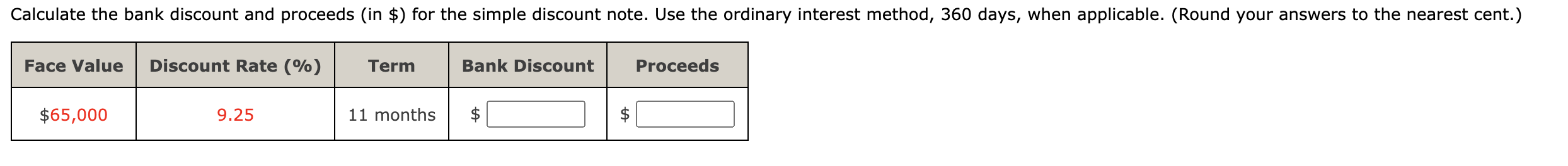 Solved Calculate the bank discount and proceeds (in \$) for | Chegg.com