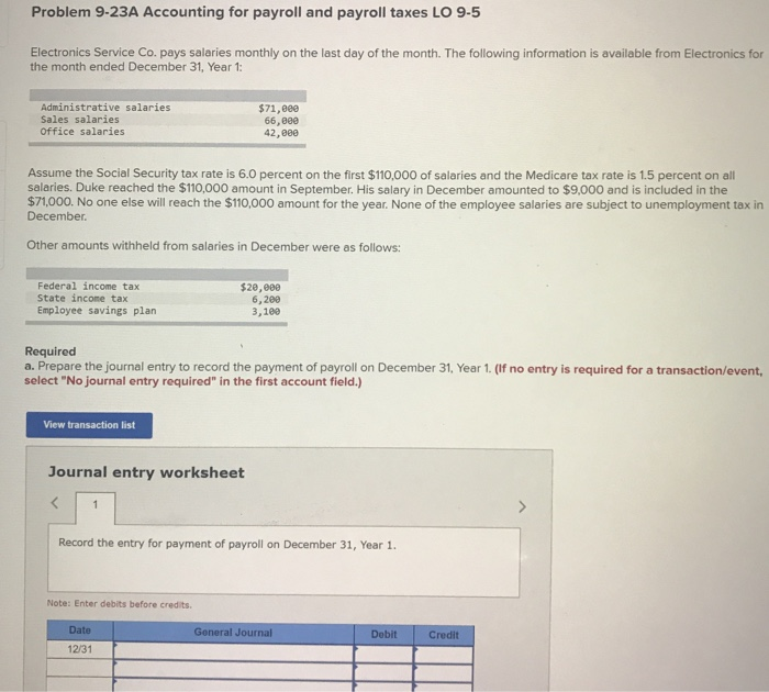 Solved Problem 9-23A Accounting for payroll and payroll | Chegg.com