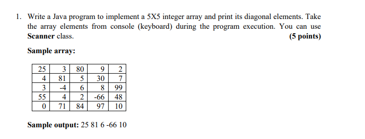 Solved 1. Write a Java program to implement a 5X5 integer | Chegg.com