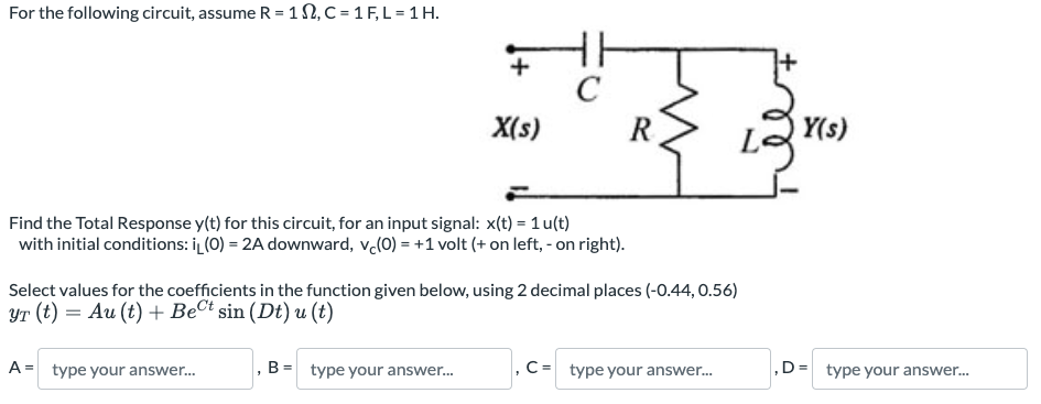 Solved For the following circuit, assume R=1Ω,C=1 F, L=1H. | Chegg.com