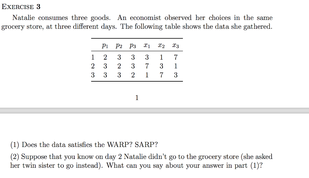 Solved ExErCISE 3 Natalie consumes three goods. An economist | Chegg.com
