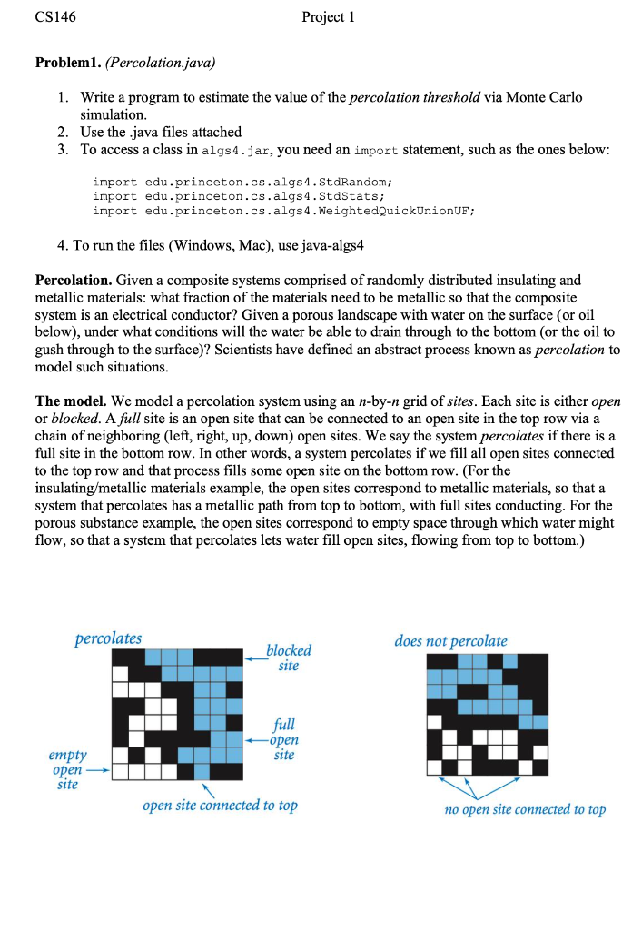 Solved CS146 Project 1 Problem 1. (Percolation.java) 1. | Chegg.com