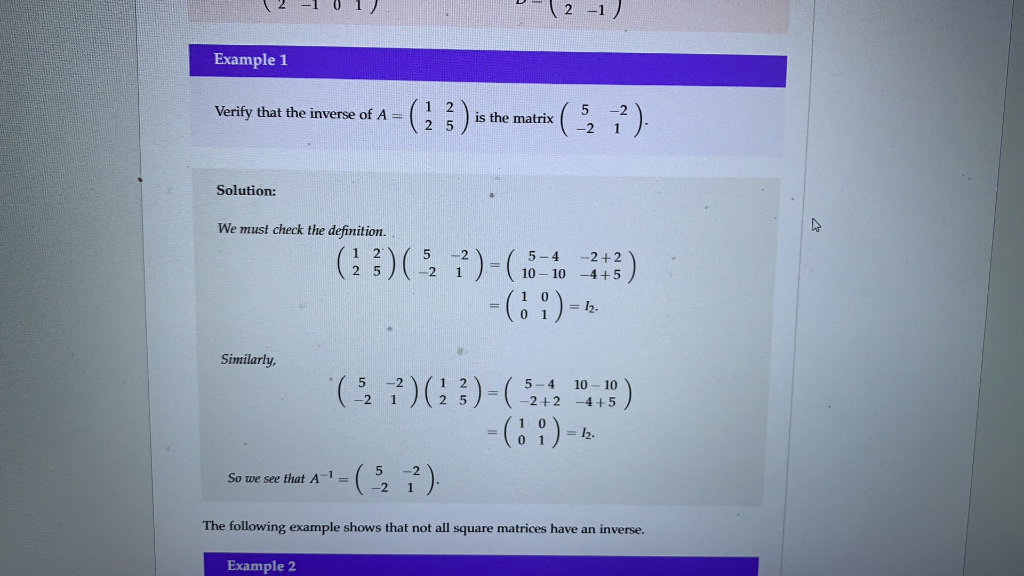 Solved 2 -1 0 1 D-12 -1 ) Example 1 Verify that the inverse | Chegg.com