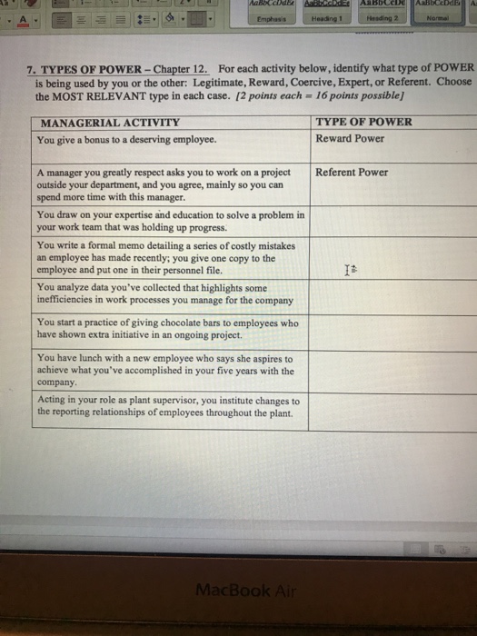 Solved 7. TYPES OF POWER-Chapter 12. For each activity | Chegg.com