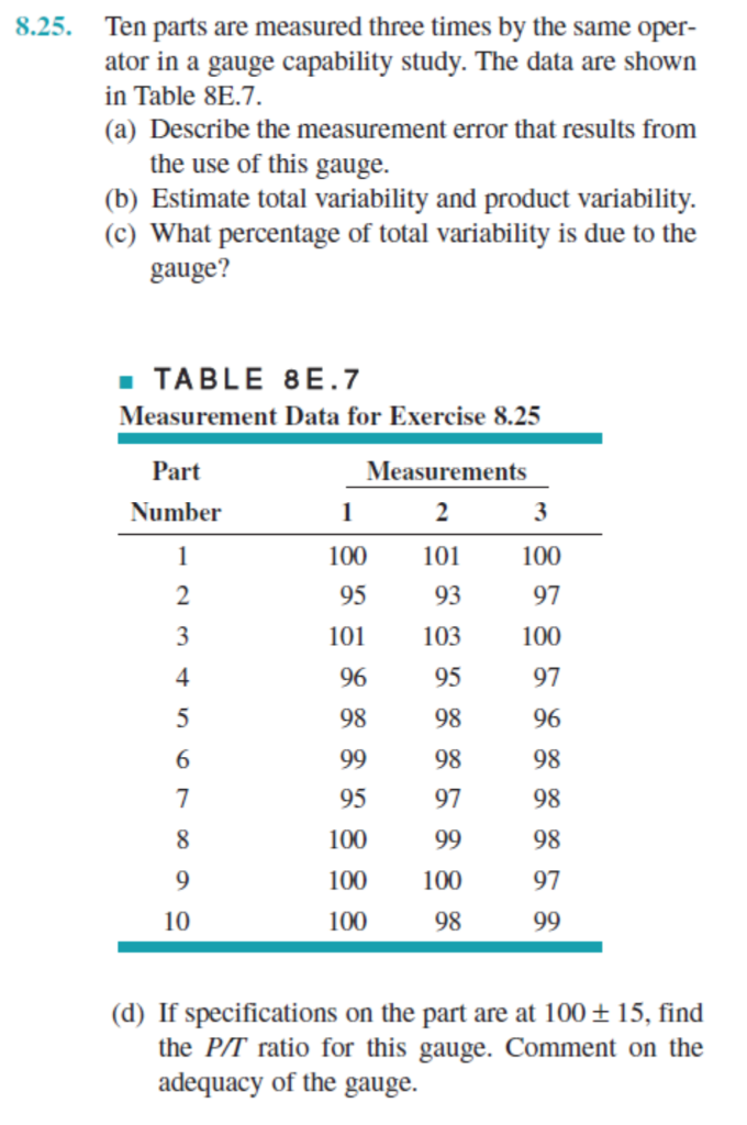 Solved 8.25. Ten parts are measured three times by the same | Chegg.com