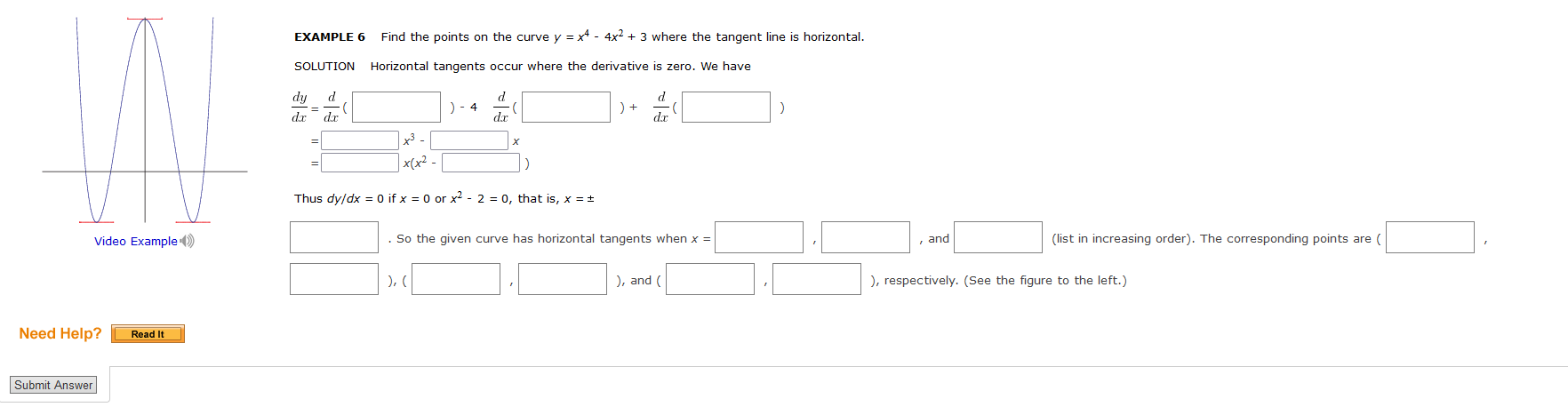 Solved EXAMPLE 6 Find the points on the curve y=x4−4x2+3 | Chegg.com