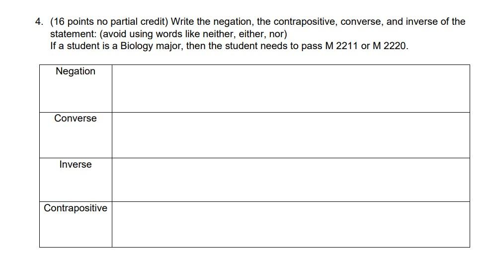 Solved 4. (16 points no partial credit) Write the negation, | Chegg.com
