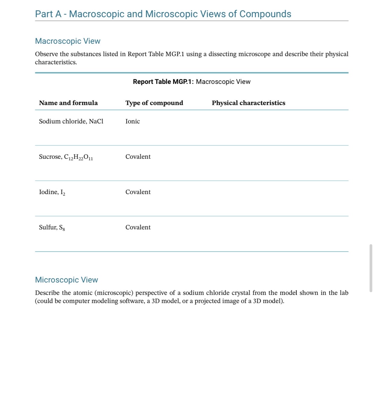 Solved Macroscopic View Observe the substances listed in | Chegg.com