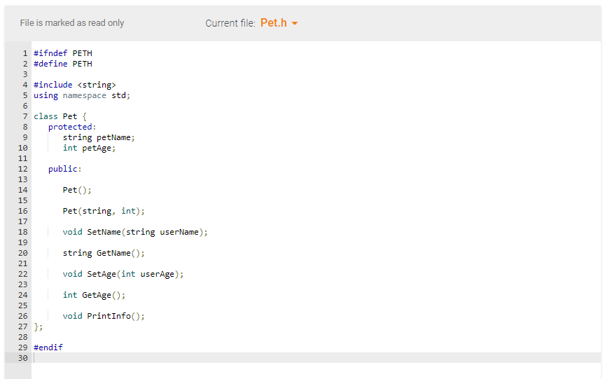 Solved The base class Pet has private data members petName, | Chegg.com