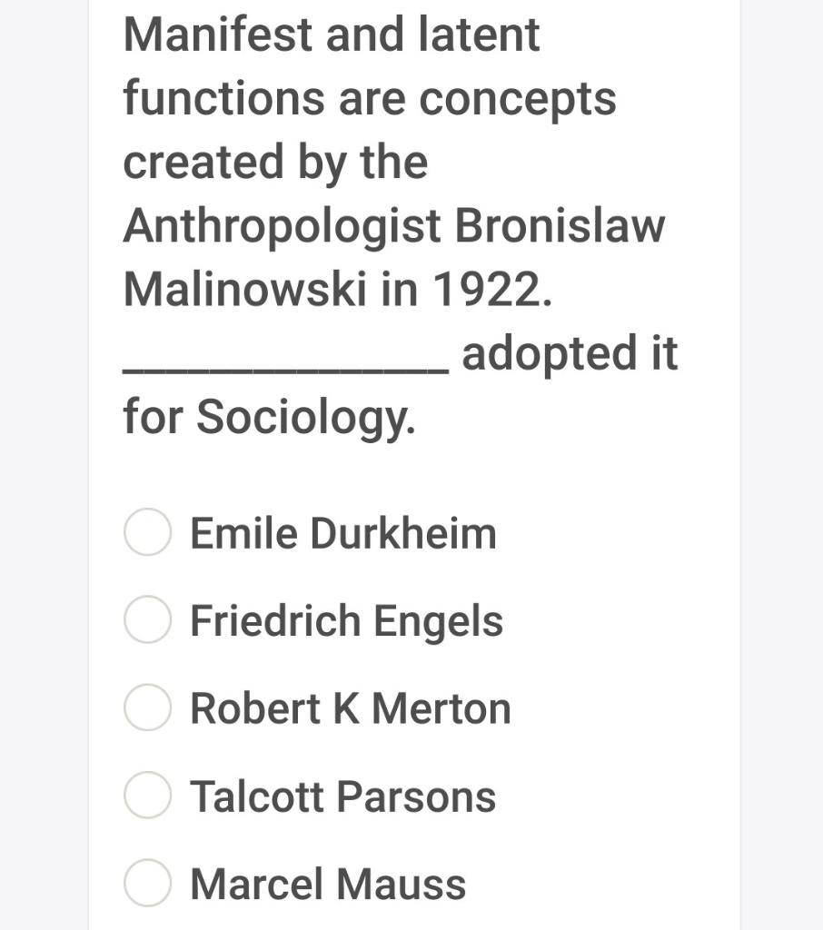 Solved Manifest and latent functions are concepts created by | Chegg.com