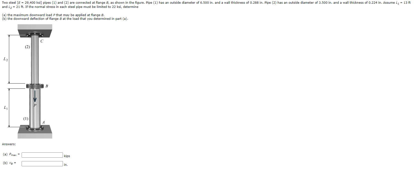 Solved Two steel [E = 29,400 ksi] pipes (1) and (2) are | Chegg.com