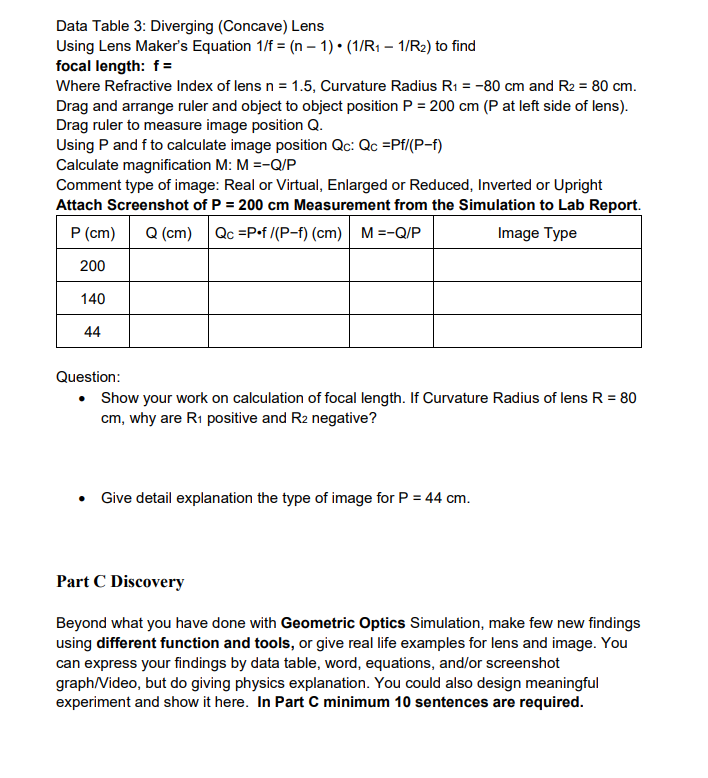 Solved Data Table 3: Diverging (Concave) Lens Using Lens | Chegg.com