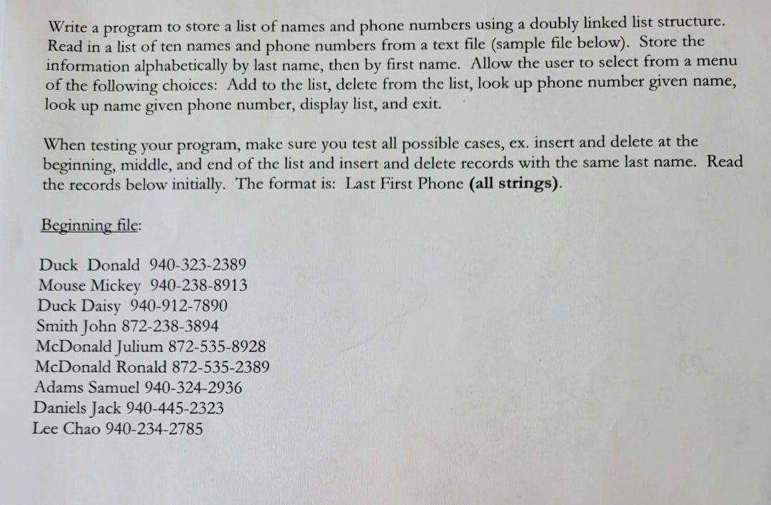 Solved Write a program to store a list of names and phone | Chegg.com