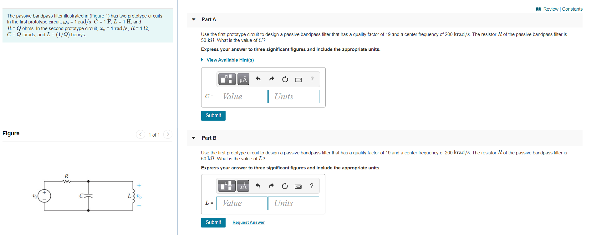 Solved A Review Constants Part A The passive bandpass filter | Chegg.com