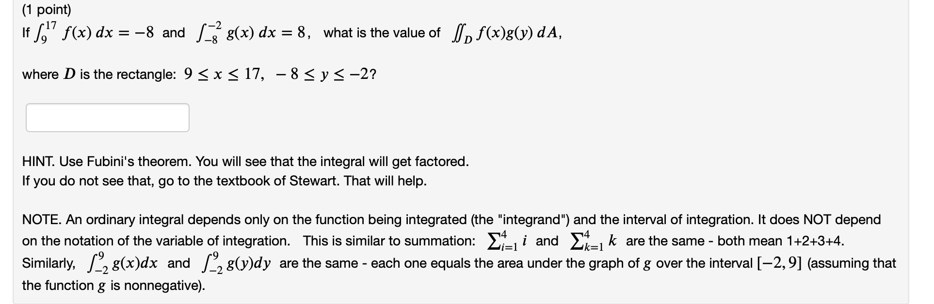 Solved (1 point) If $" f(x) dx = -8 and 3 g(x) dx = 8, what | Chegg.com