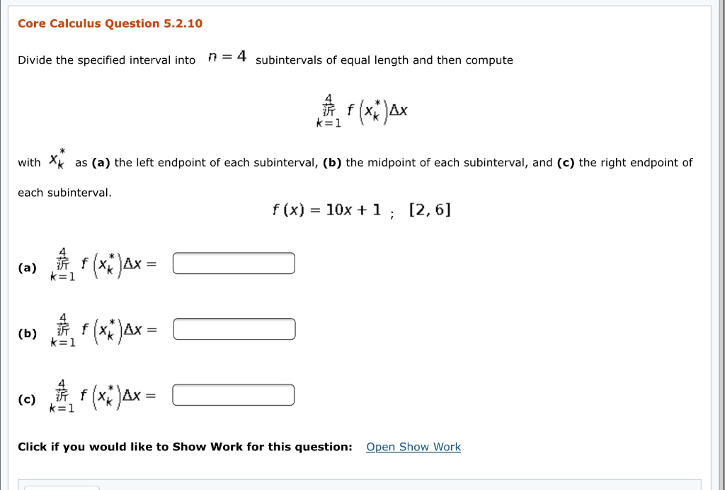 Solved Core Calculus Question 5.2.10 n = 4 subintervals of | Chegg.com