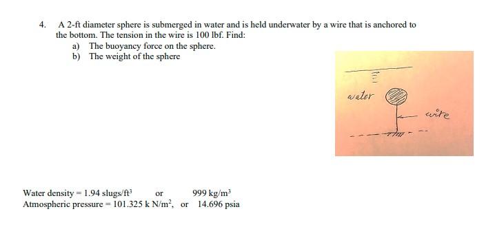 Solved 4. A 2-ft diameter sphere is submerged in water and | Chegg.com