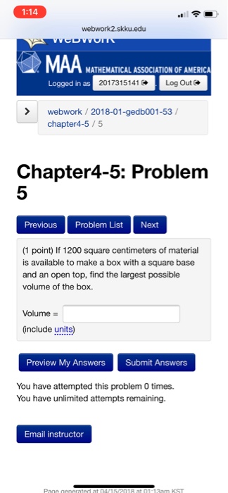 Solved 1:14 webwork2.skku.edu MAA MATHEMATICAL ASSOCIATION | Chegg.com