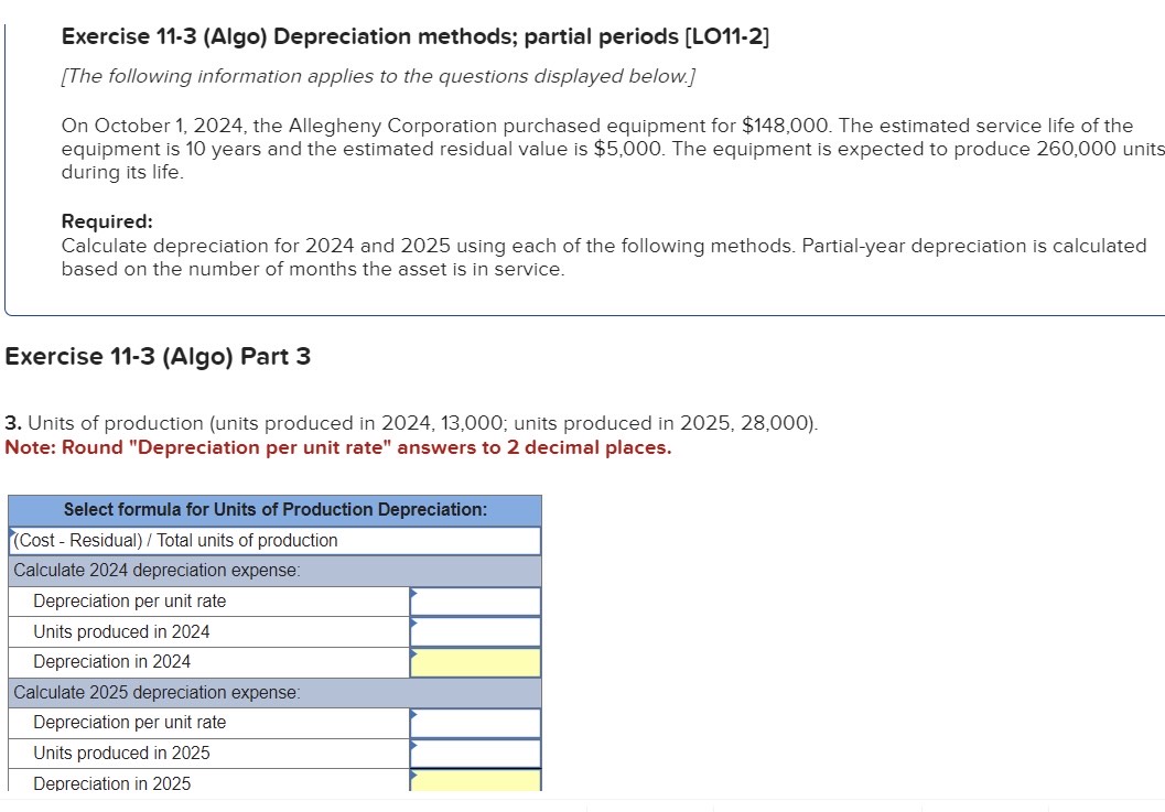 Solved Exercise 11-3 (Algo) Depreciation methods; partial | Chegg.com