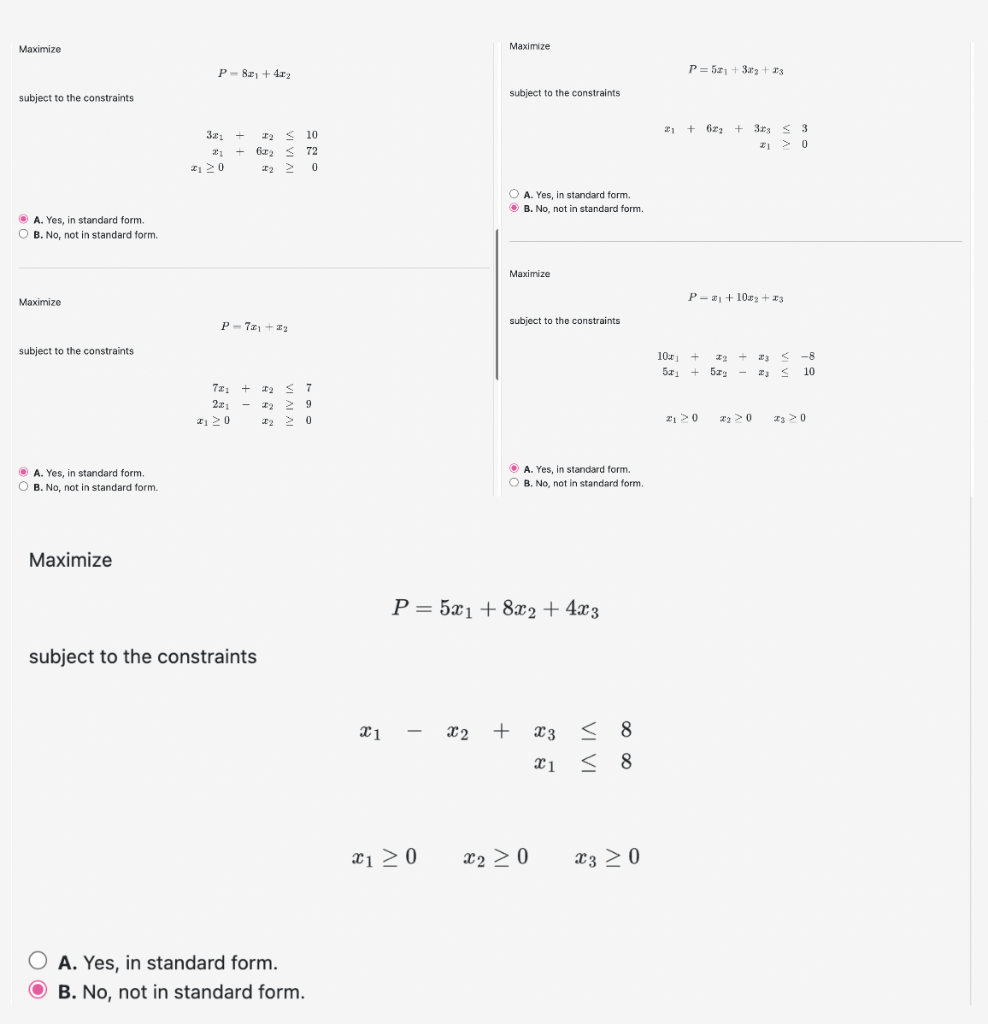 Solved Maximize Maximize P=8x1+4x2 P=5x1+3x2+x3 subject to | Chegg.com