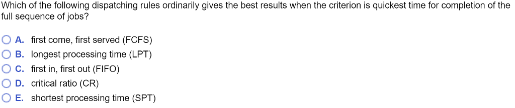 Solved Which of the following dispatching rules ordinarily | Chegg.com Solved Which of the following dispatching rules ordinarily | Chegg.com