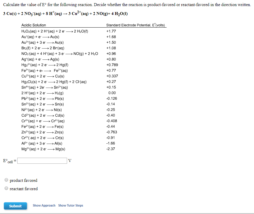 Solved Calculate the value of E° for the following reaction. | Chegg.com